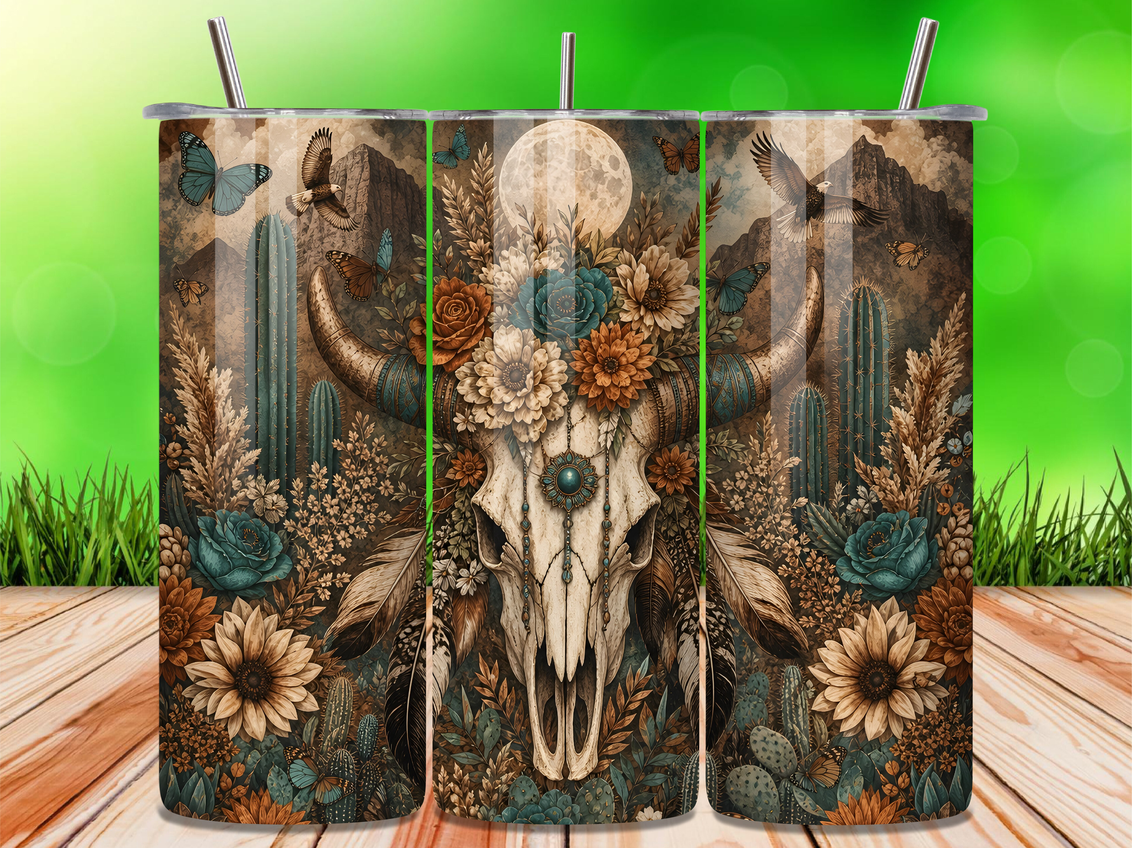 Desert Sunset Cow Skull Cactus Tumbler Graphic by Bee Prints · Creative ...