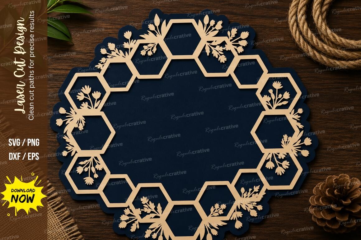Honeycomb Floral Round Frame Laser Cut · Creative Fabrica