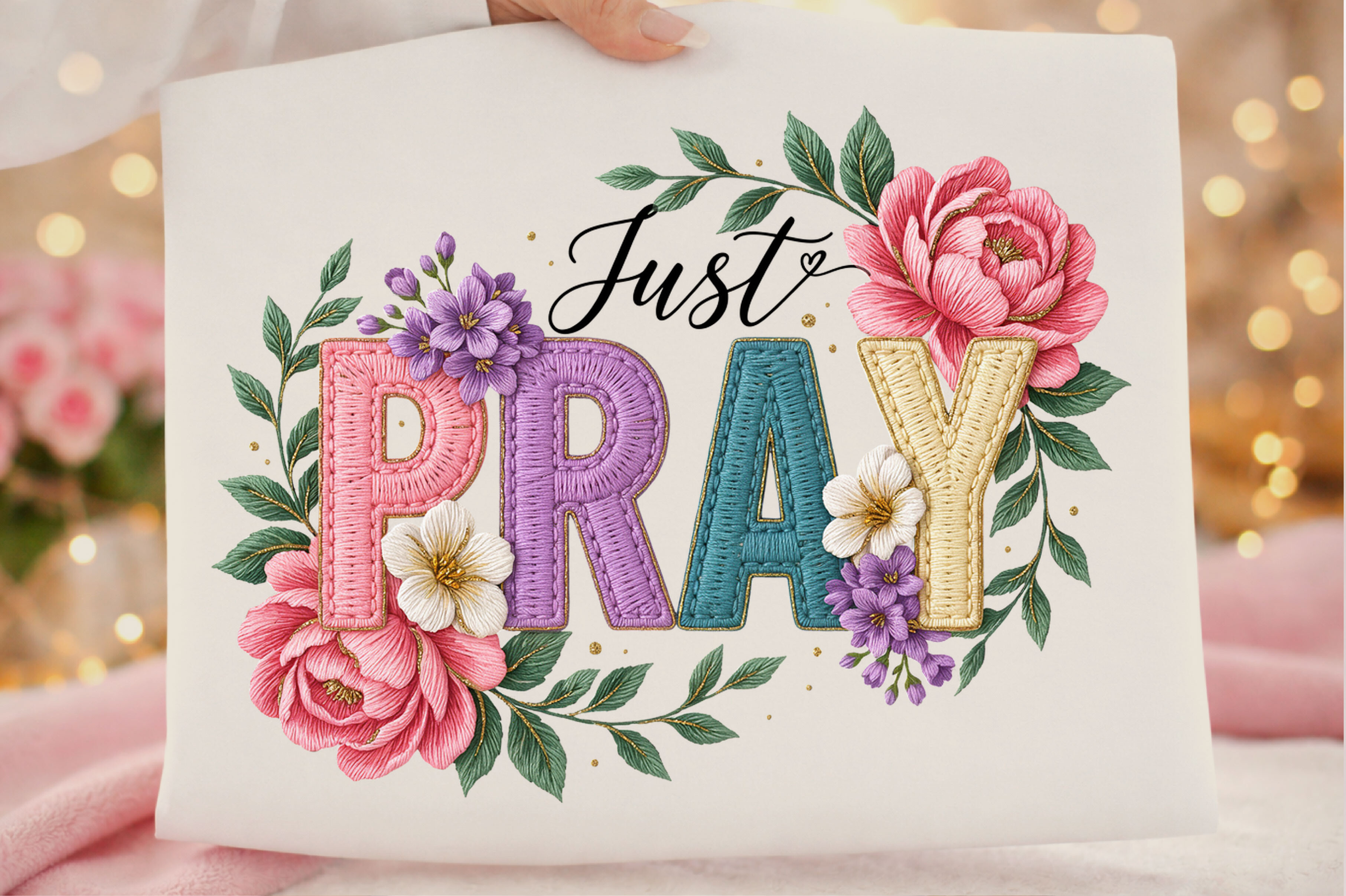 Just Pray Floral Faith Quote Embroidery Graphic by T-Shirt Design ...