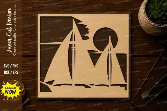 Sailboat Ocean Scene Square Laser Cut SV · Creative Fabrica