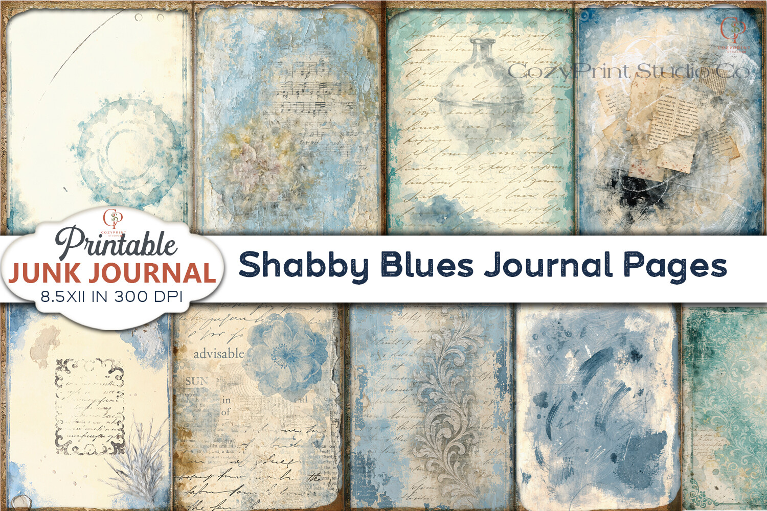 Shabby Blues Journal Pages Backgrounds Graphic by CozyPrint Studio Co ...