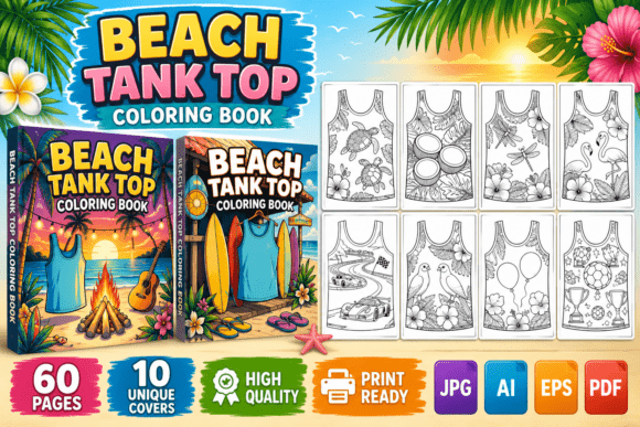 Beach Tank Top Coloring Book Bundle Graphic by MSB Creative Studio ...