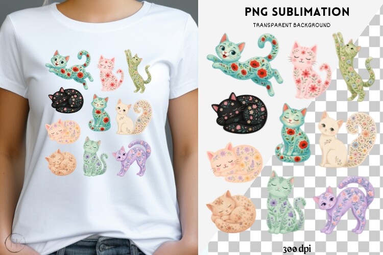 Cats with Flowers Png Design Graphic by Tanya Kart · Creative Fabrica