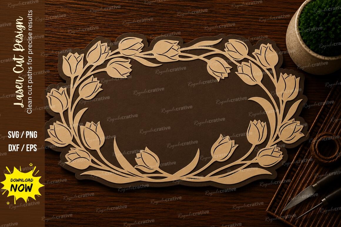 Tulip Floral Rectangle Frame Laser Cut · Creative Fabrica