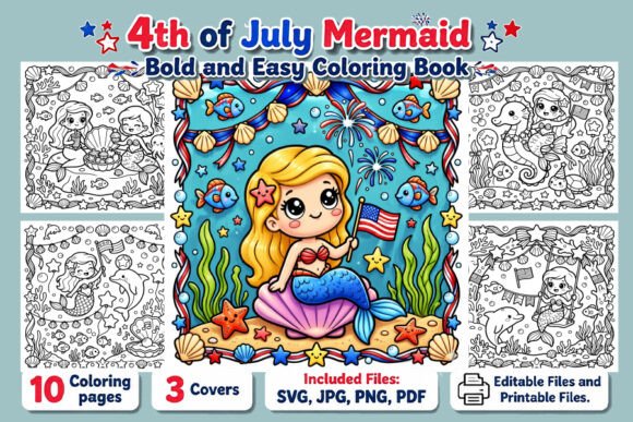 4th of July Mermaid Coloring Book Graphic by WinSum Art · Creative Fabrica