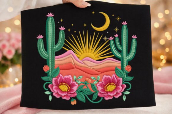 Boho Desert Cactus Sunset Floral Embroid Graphic by T-Shirt Design ...
