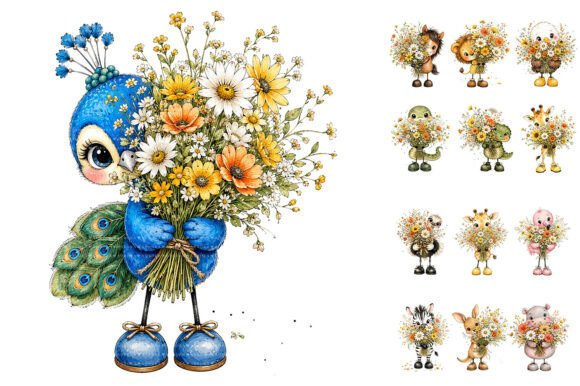 Cute Spring Animals Holding Wildflower Graphic by Aspect_Studio ...