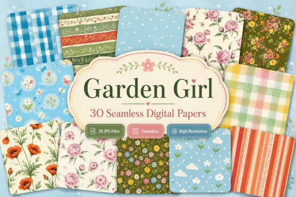 Garden Girl Seamless Patterns Set Graphic by T.D. House · Creative Fabrica