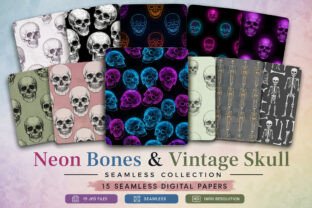 Neon Bones & Vintage Skull Seamless Graphic by Vintage · Creative Fabrica