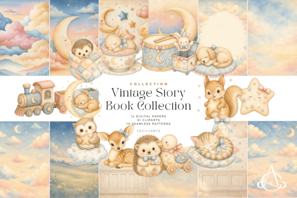 Vintage Storybook Baby Animals Bundle Graphic by Cecily Arts · Creative ...