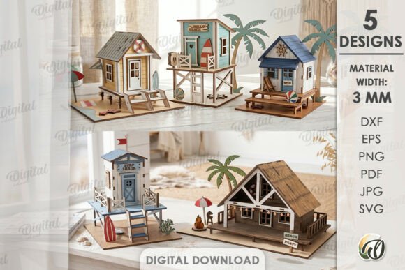 3D Beach Houses Bundle Laser Cut · Creative Fabrica