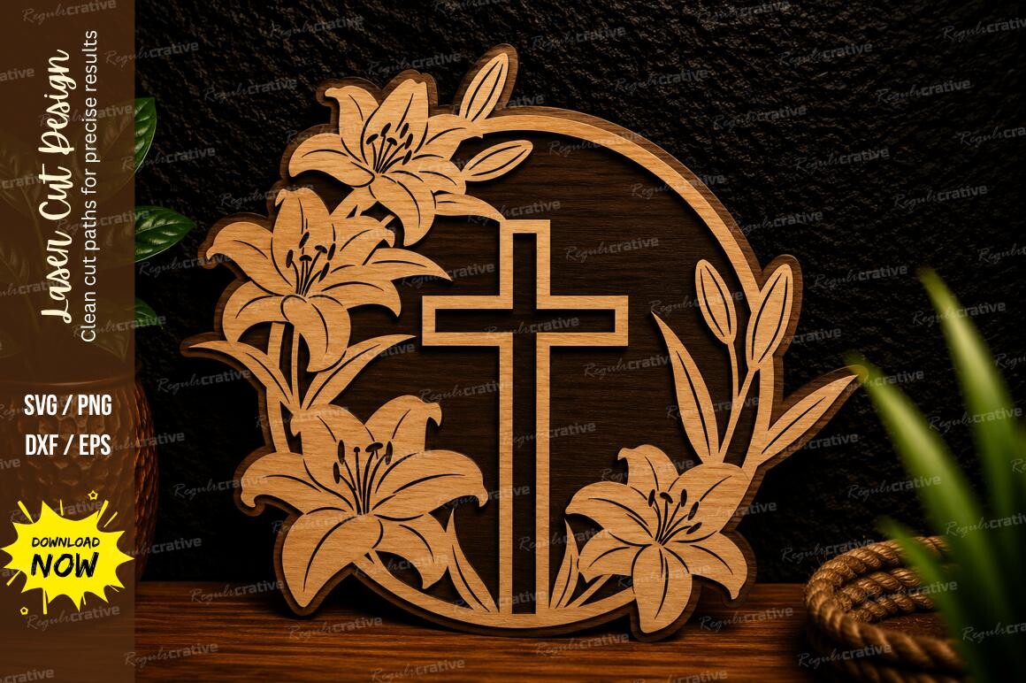 Cross Lily Floral Laser Cut Svg Design · Creative Fabrica