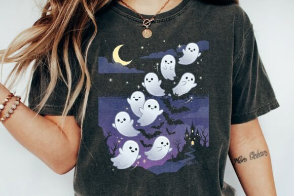 Cute Ghosts Halloween Castle Bats Graphic by gregoraciiart · Creative ...