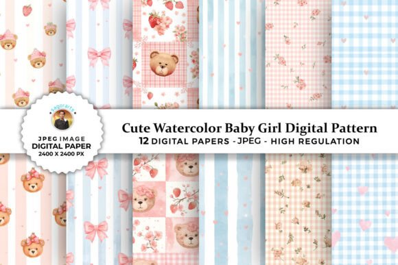 Cute Watercolor Baby Girl Digital Papers Graphic by sagorarts ...