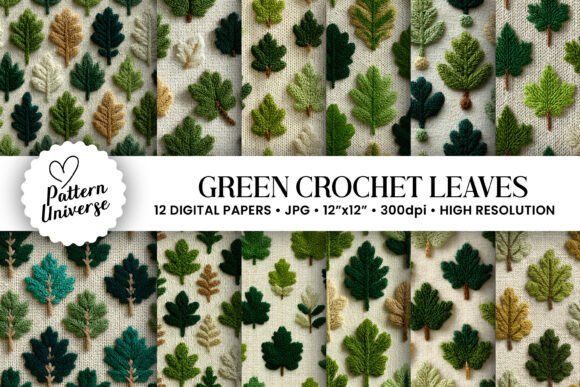 Green Crochet Leaves Digital Papers Graphic by Pattern Universe ...