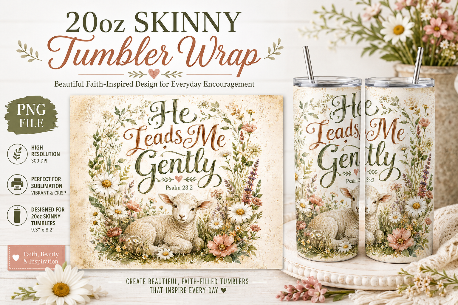 He Leads Me Gently Tumbler Wrap PNG Graphic by KHAMPOL SHOP DESIGN ...