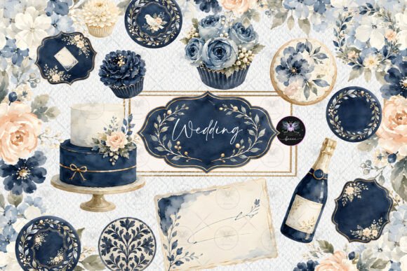 Navy Blue Floral Wedding Watercolor Clip Graphic by BigCakeBee ...