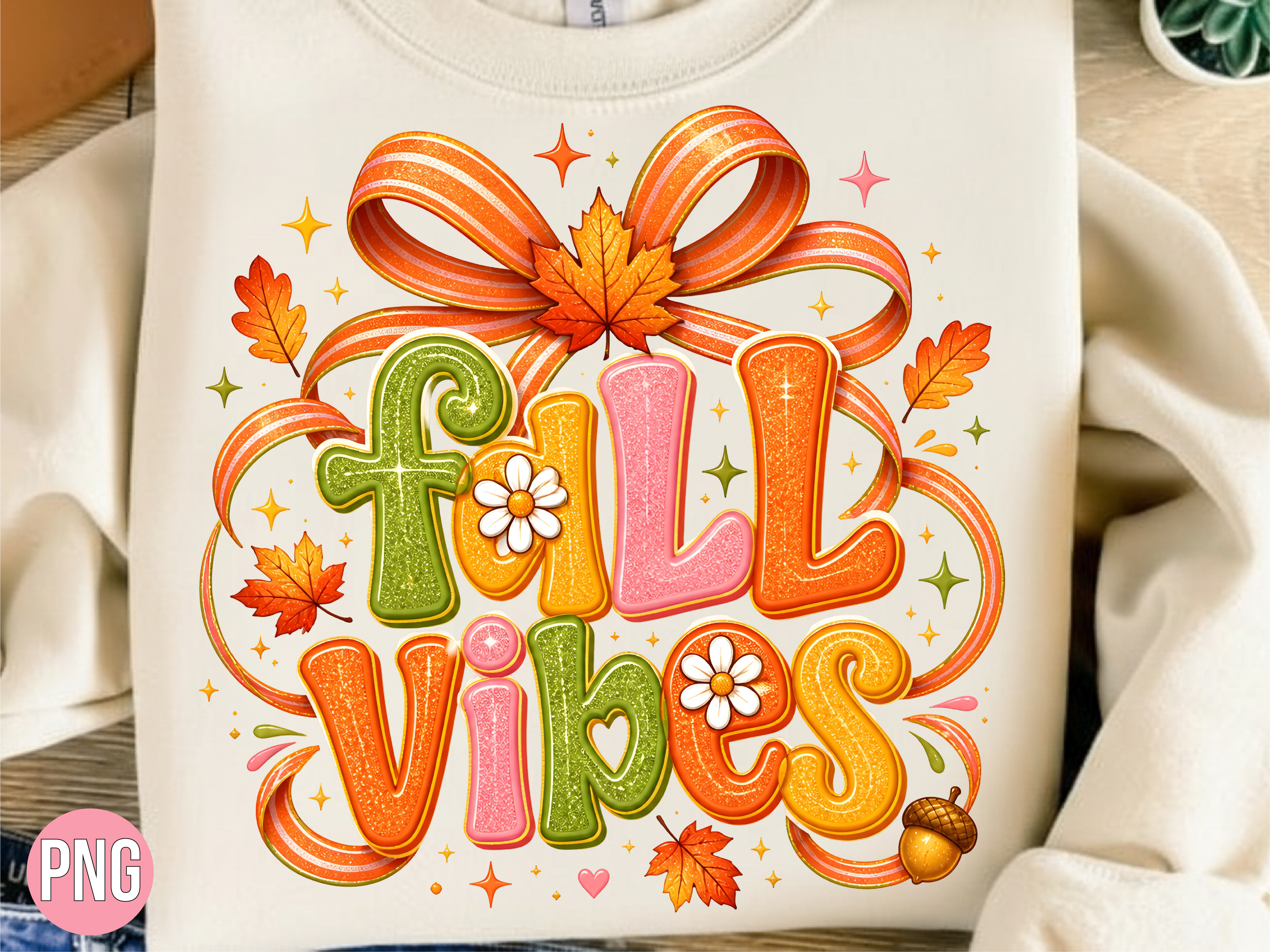 Retro Fall Vibes Glitter Bow Maple PNG Graphic by MOO Digital ...