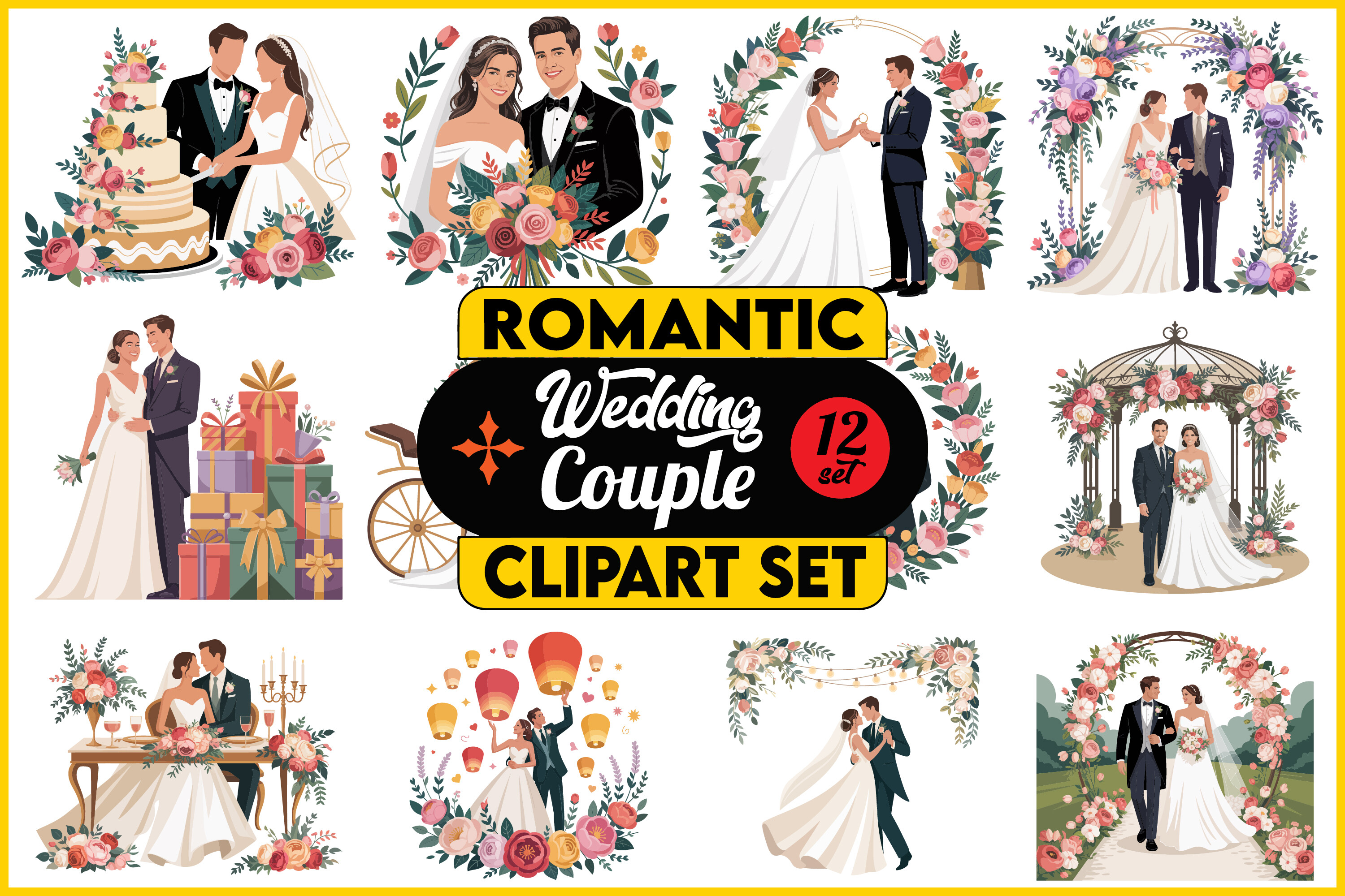Romantic Wedding Couple Clipart Set Graphic by Crafluent · Creative Fabrica