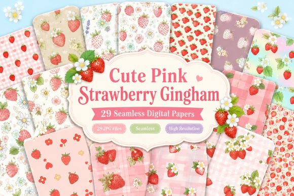 Cute Pink Strawberry Gingham Seamless Graphic by T.D. House · Creative ...