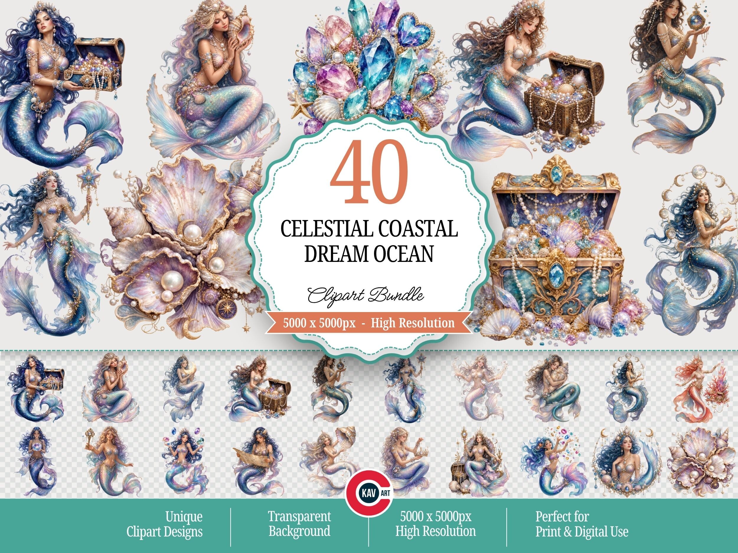 Fantasy Celestial Mermaid Treasure PNGs Graphic by c.kav.art · Creative ...