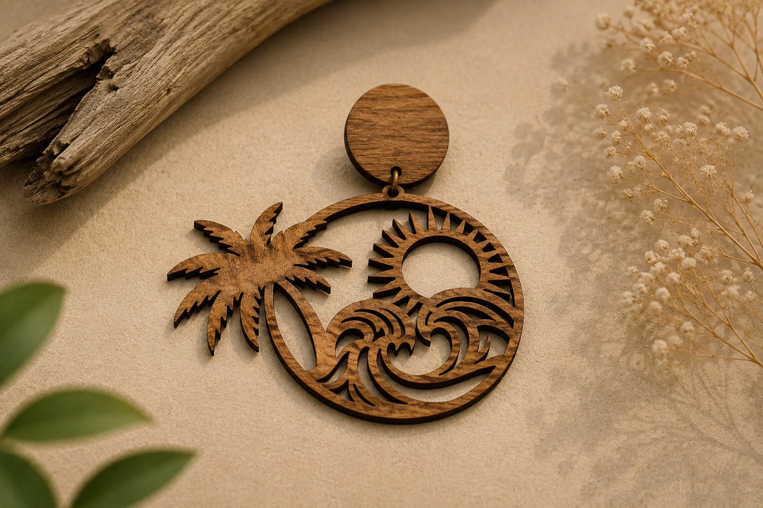 Tropical Beach Palm Tree Wooden Earring · Creative Fabrica