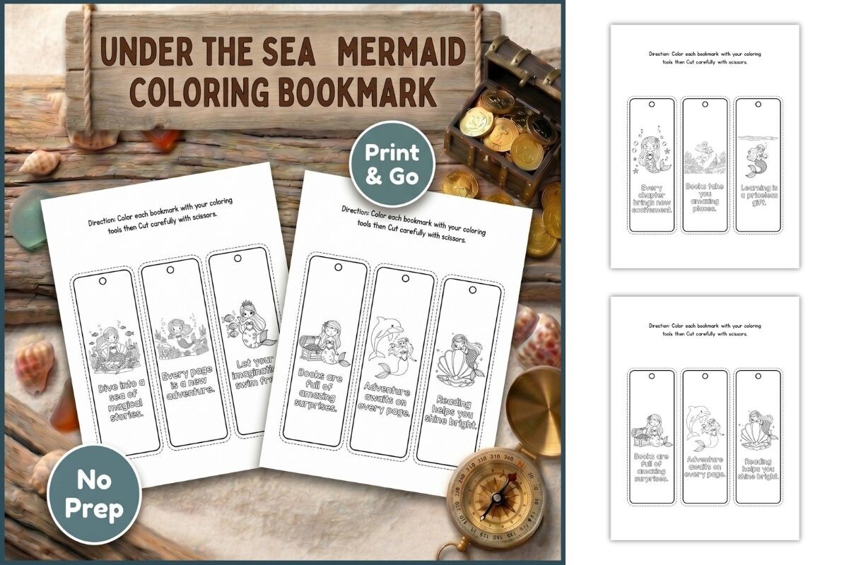 Under the Sea Mermaid Coloring Bookmark Graphic by TheStudyKits ...