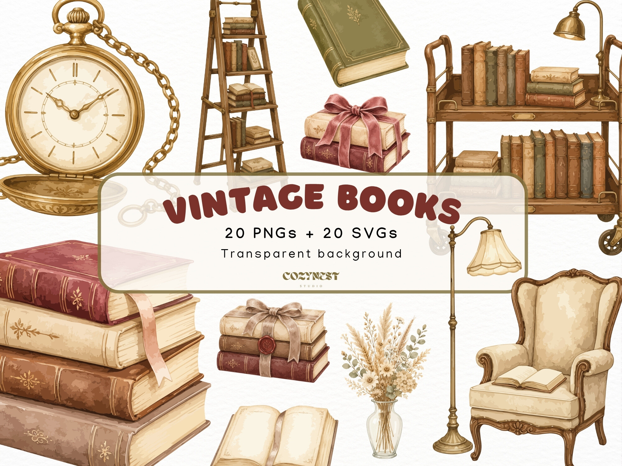 Vintage Books Watercolor Clipart PNG SVG Graphic by CozyNest Studio ...