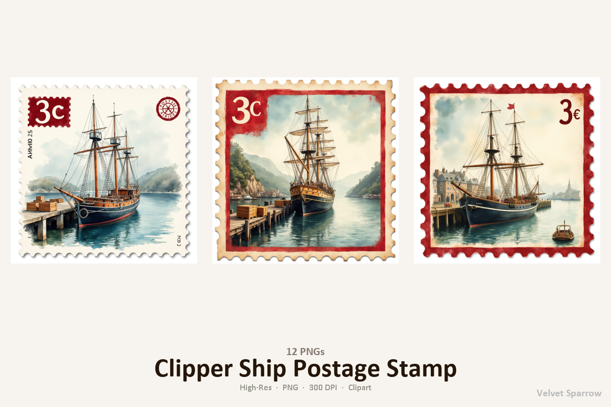 Clipper Ship Postage Stamp Graphic by Velvet.Sparrow · Creative Fabrica