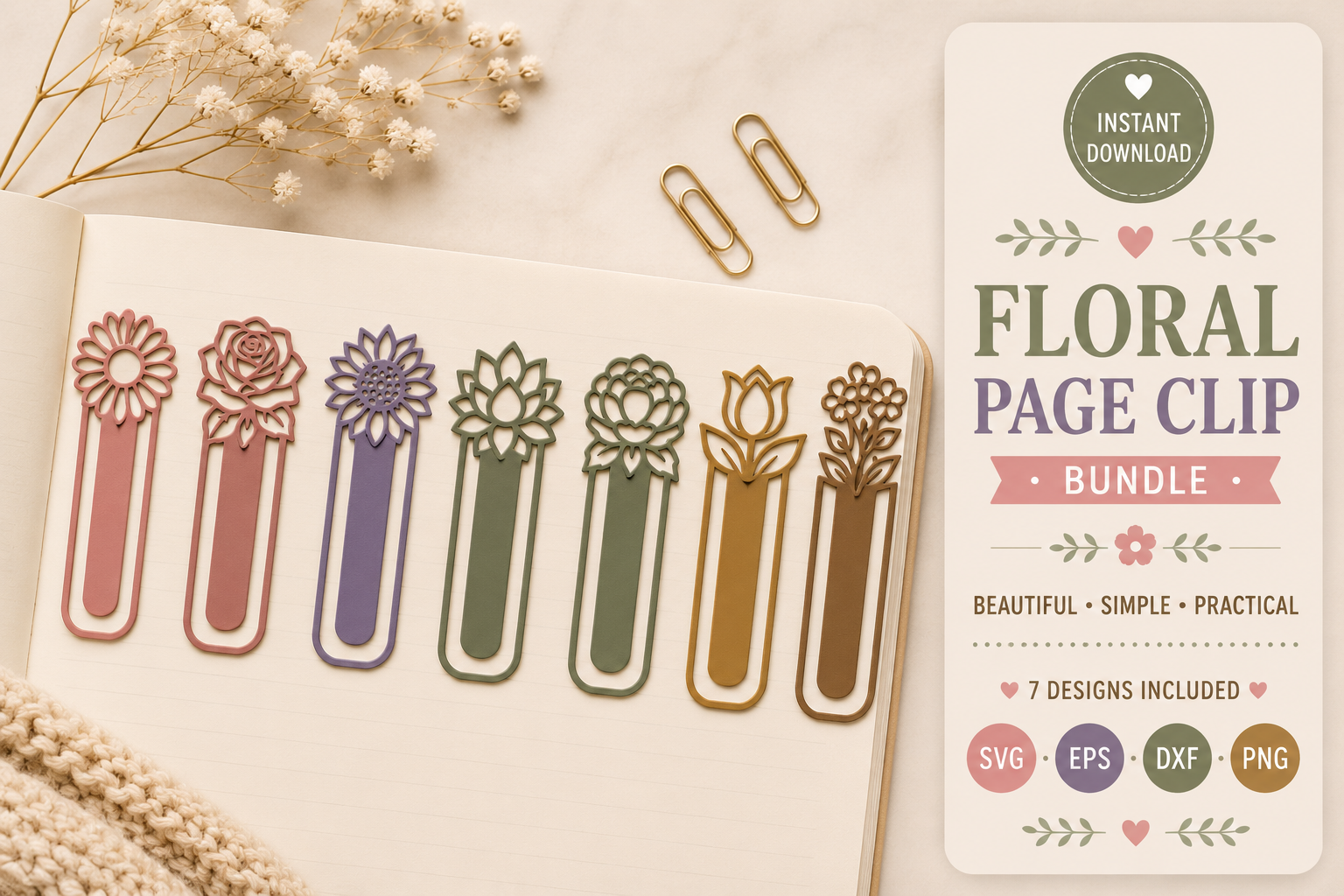 Floral Paper Clip Bookmark Laser Cut Set · Creative Fabrica