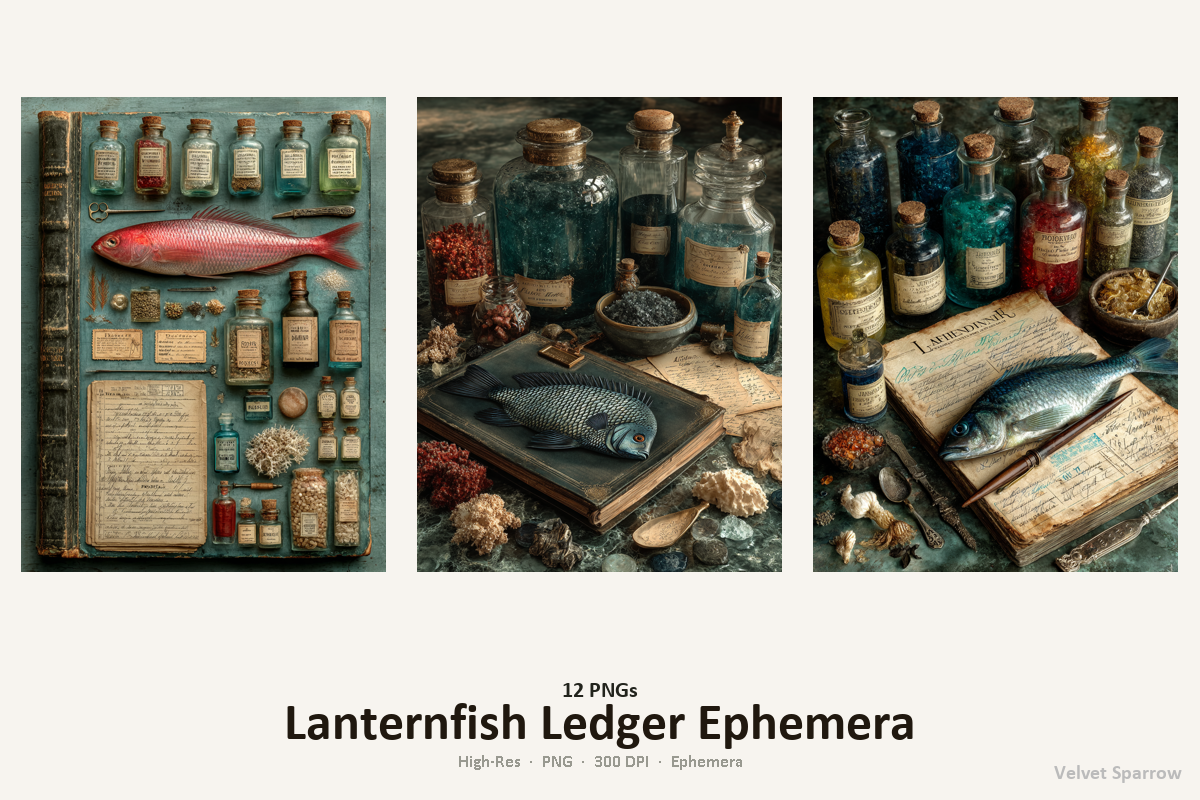 Lanternfish Ledger Ephemera Graphic by Velvet.Sparrow · Creative Fabrica