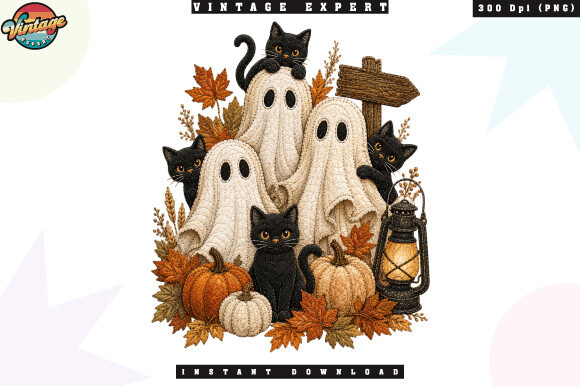 Spooky Cat Pumpkin Patch Patchwork PNG Graphic by Vintage Expert ...