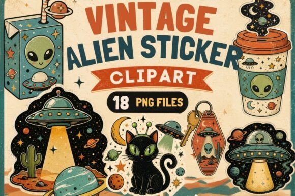 Vintage Alien Sticker Clipart | 18 PNG Graphic by Tanya Kart · Creative ...