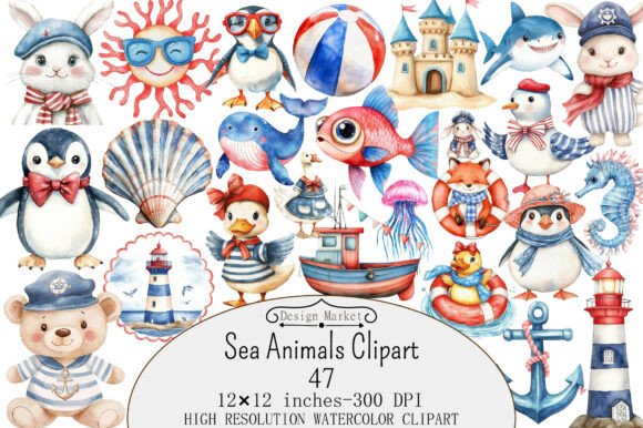 Watercolor Sea Animals Clipart Graphic by Design Market · Creative Fabrica