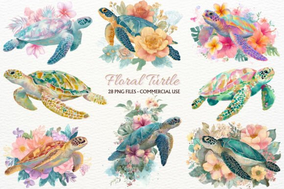 Coastal Sea Turtle Clipart Hibiscus PNG Graphic by SugarCloudStudioArt ...