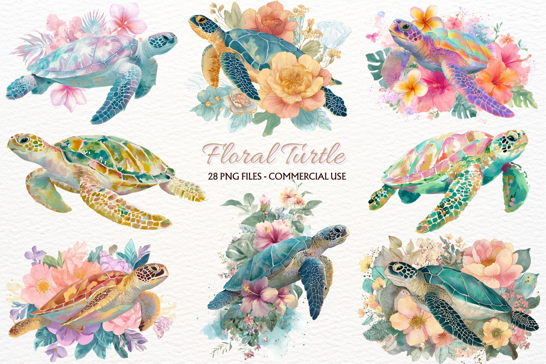 Coastal Sea Turtle Clipart Hibiscus PNG Graphic by SugarCloudStudioArt ...