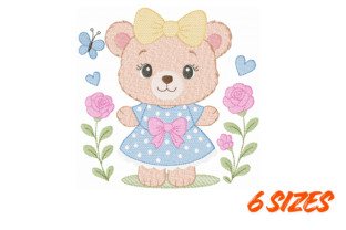 Cute Teddy Bear Floral Embroidery Art · Creative Fabrica