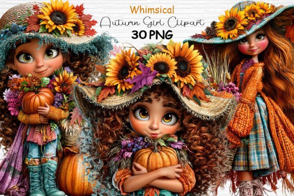 Whimsical Autumn Girl Clipart Bundle Graphic by Black Cat · Creative ...