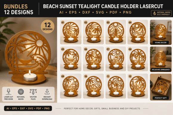 Beach Sunset Tealight Candle Holder Lase · Creative Fabrica