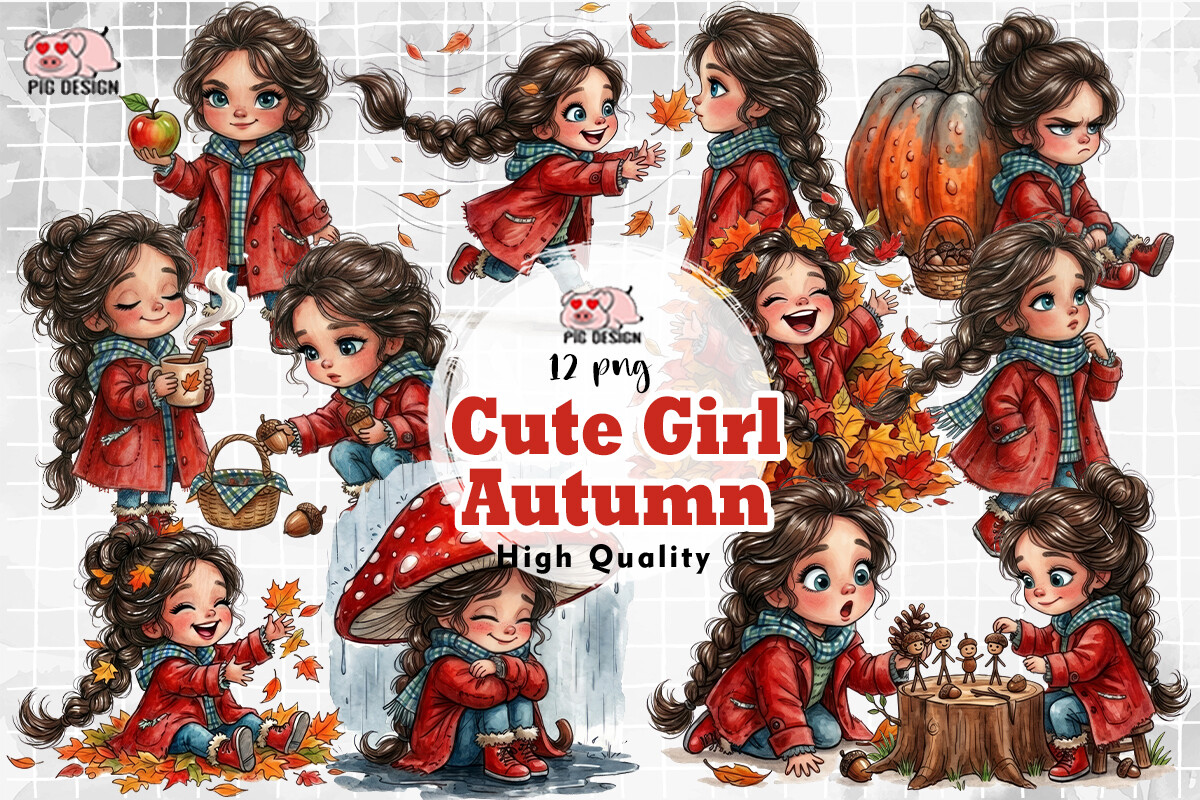 Cute Girl Autumn Clipart PNG Graphic by PIG.design · Creative Fabrica