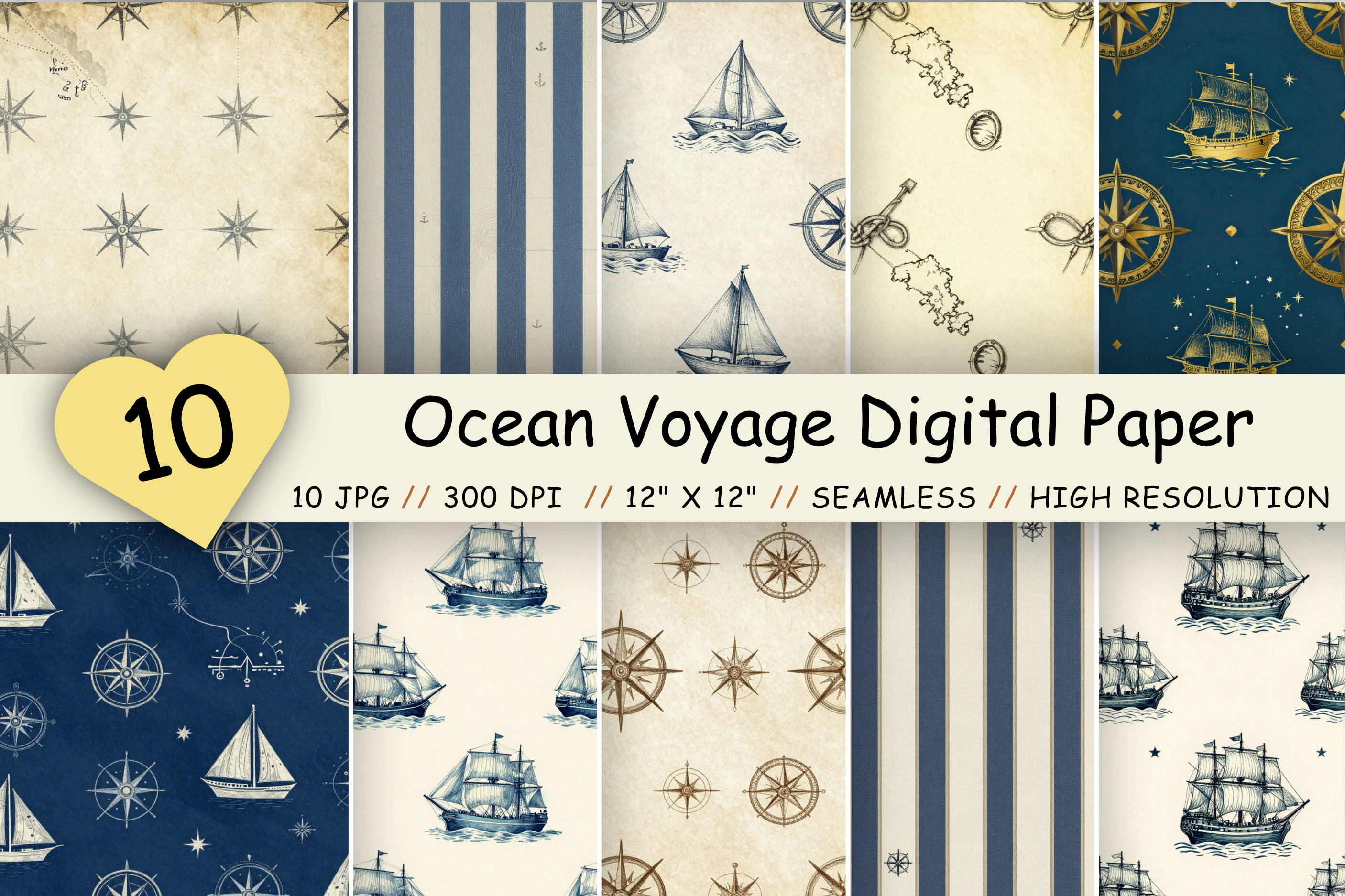 Ocean Voyage Digital Paper Pack, Sailing Graphic by Florid Printables ...