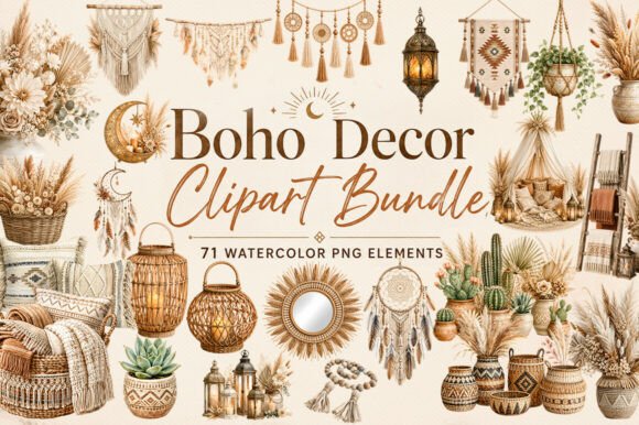 Boho-decor-watercolor-png-bundle-71-pack Graphic by mhmizan · Creative ...