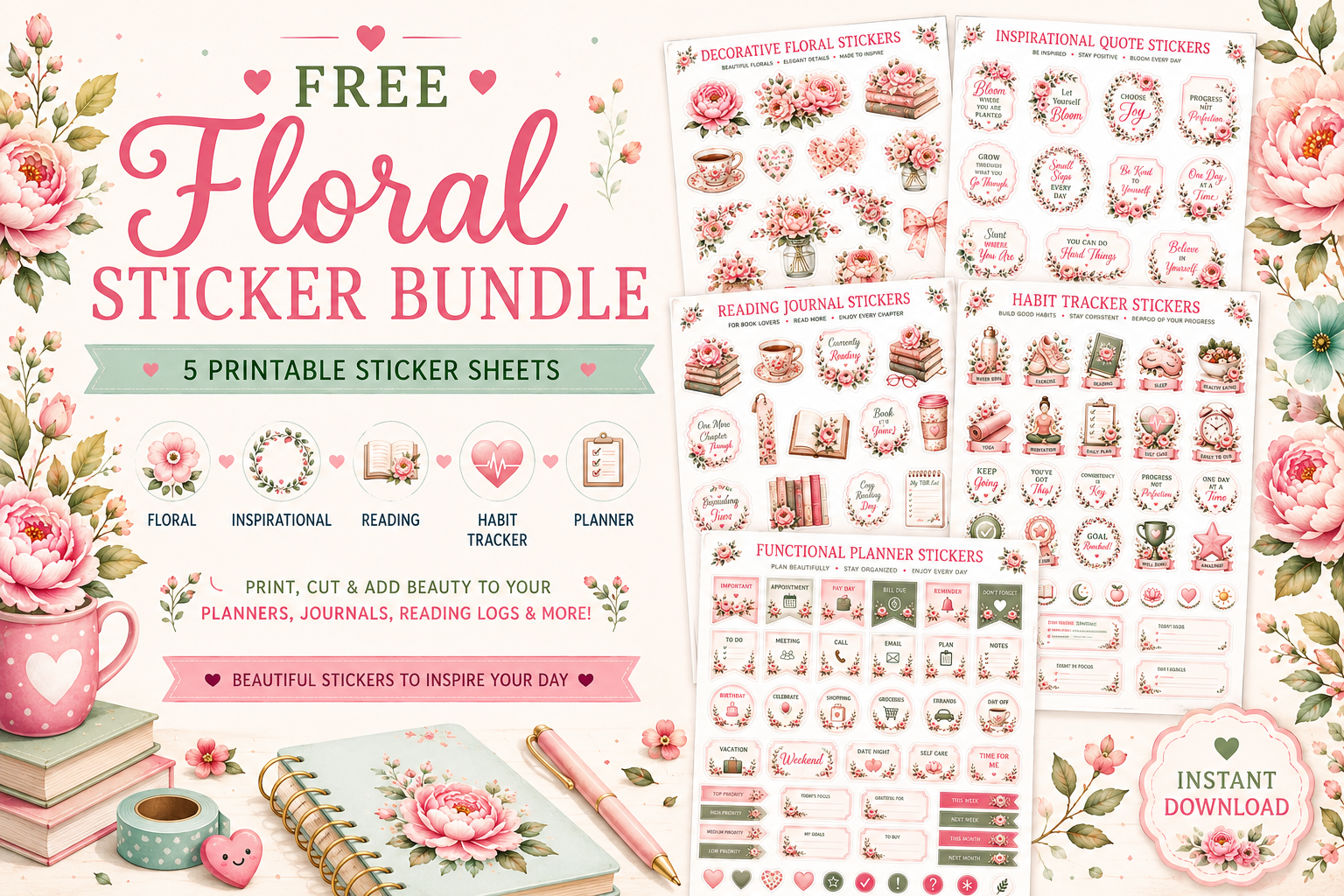 Floral Printable Sticker Bundle Graphic by Mermaids Cove · Creative Fabrica