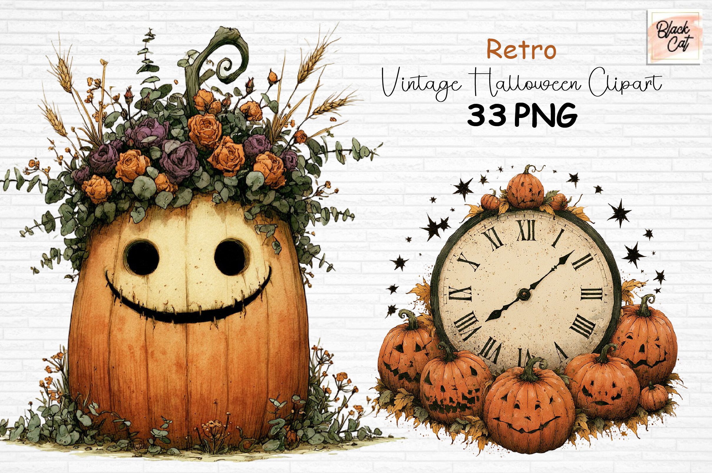 Retro Vintage Halloween Clipart PNG Graphic by Black Cat · Creative Fabrica