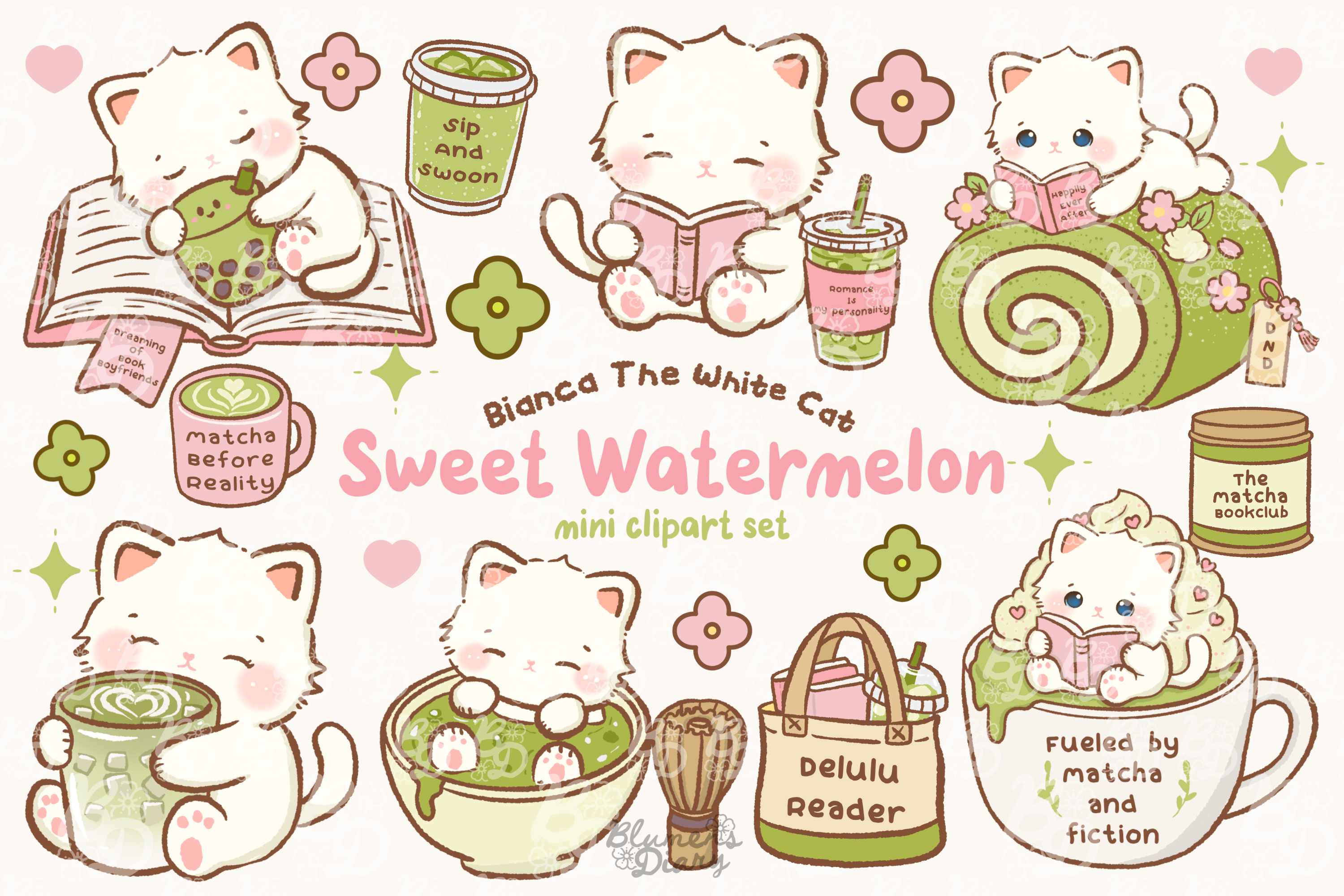 Kawaii Bookish Matcha Cat Clipart Graphic by blumensdiary · Creative ...