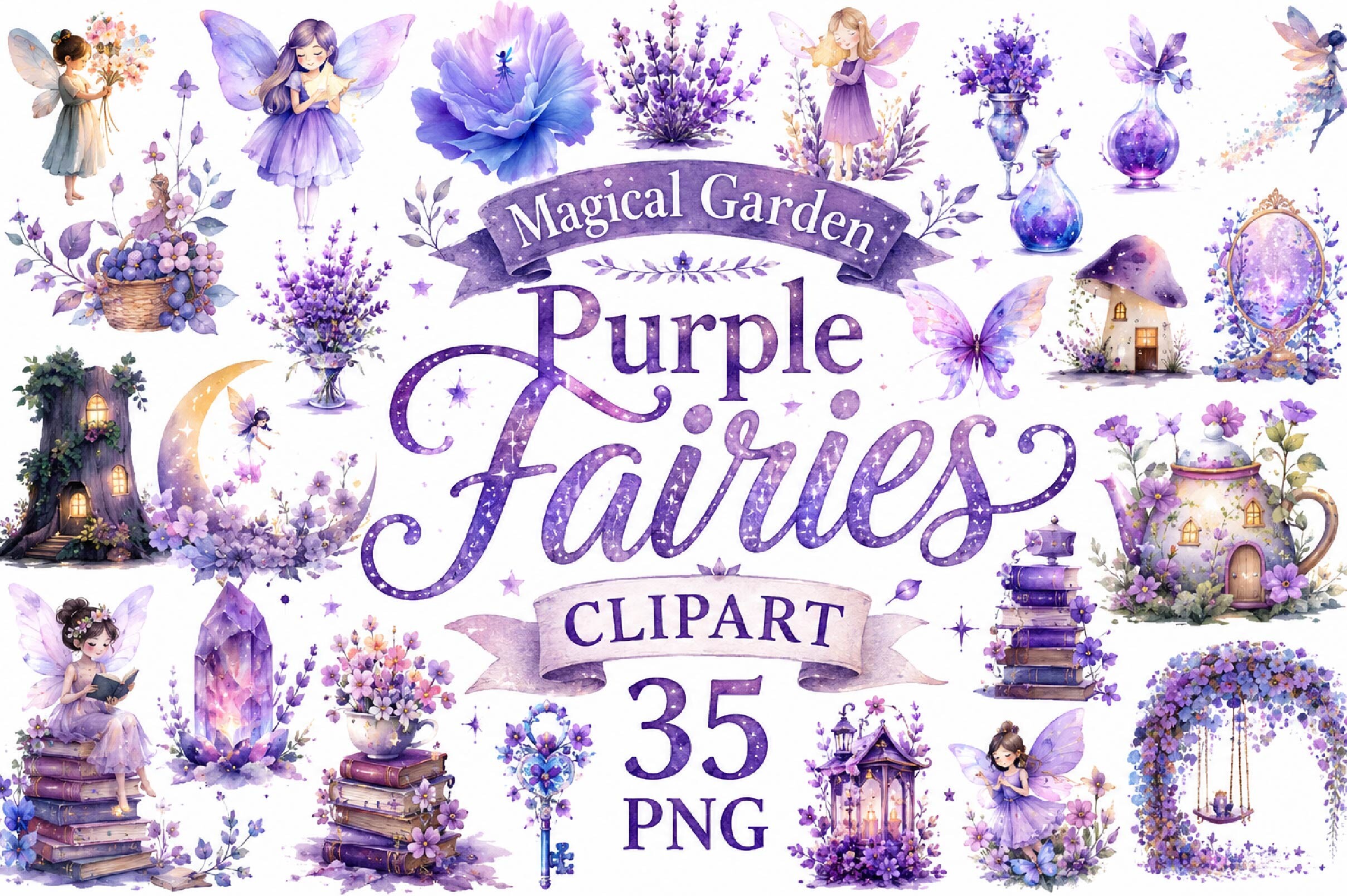 Watercolor Magical Garden Purple Fairies Graphic by Print Magic ...